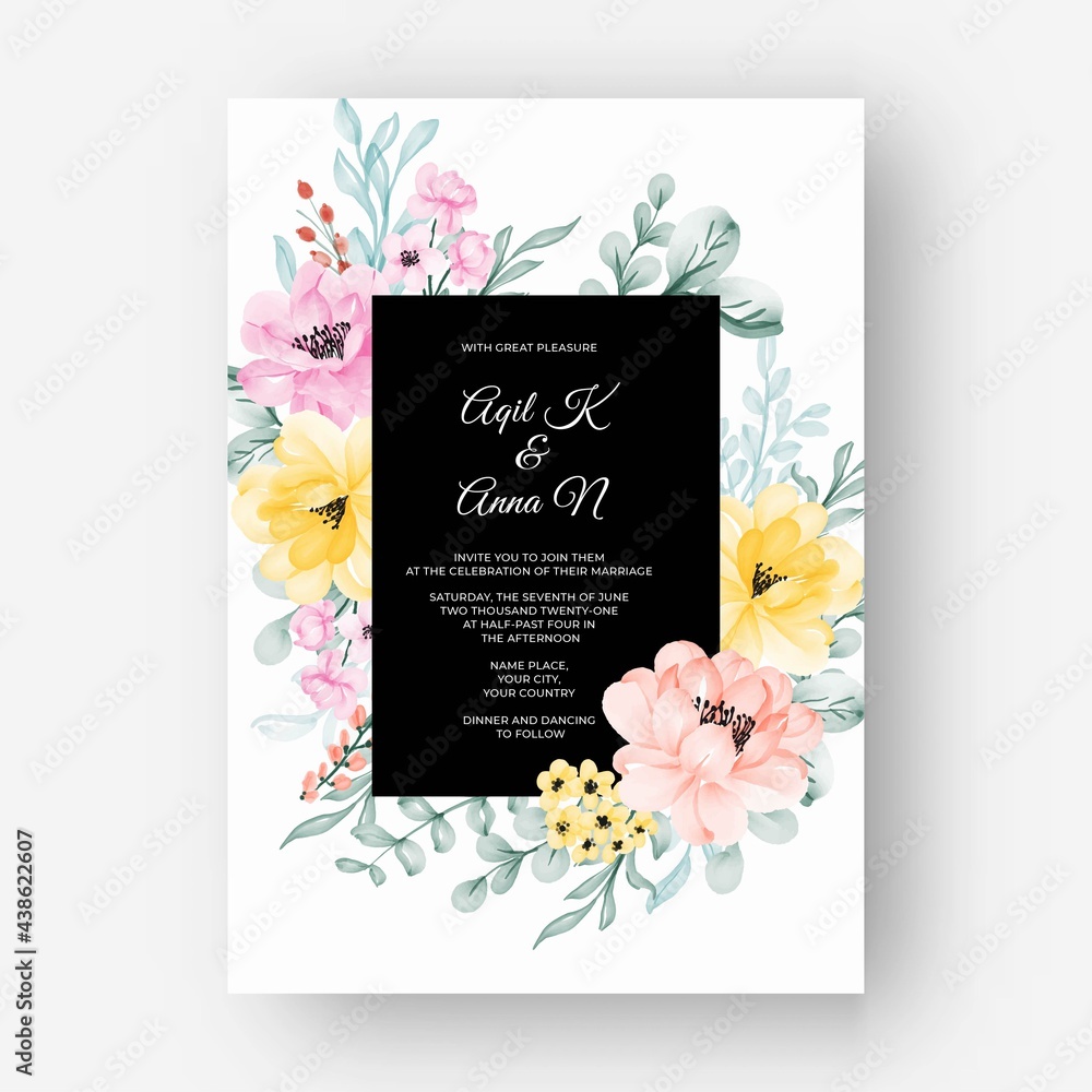 flower frame with color pastel pink yellow for wedding invitation Stock ...