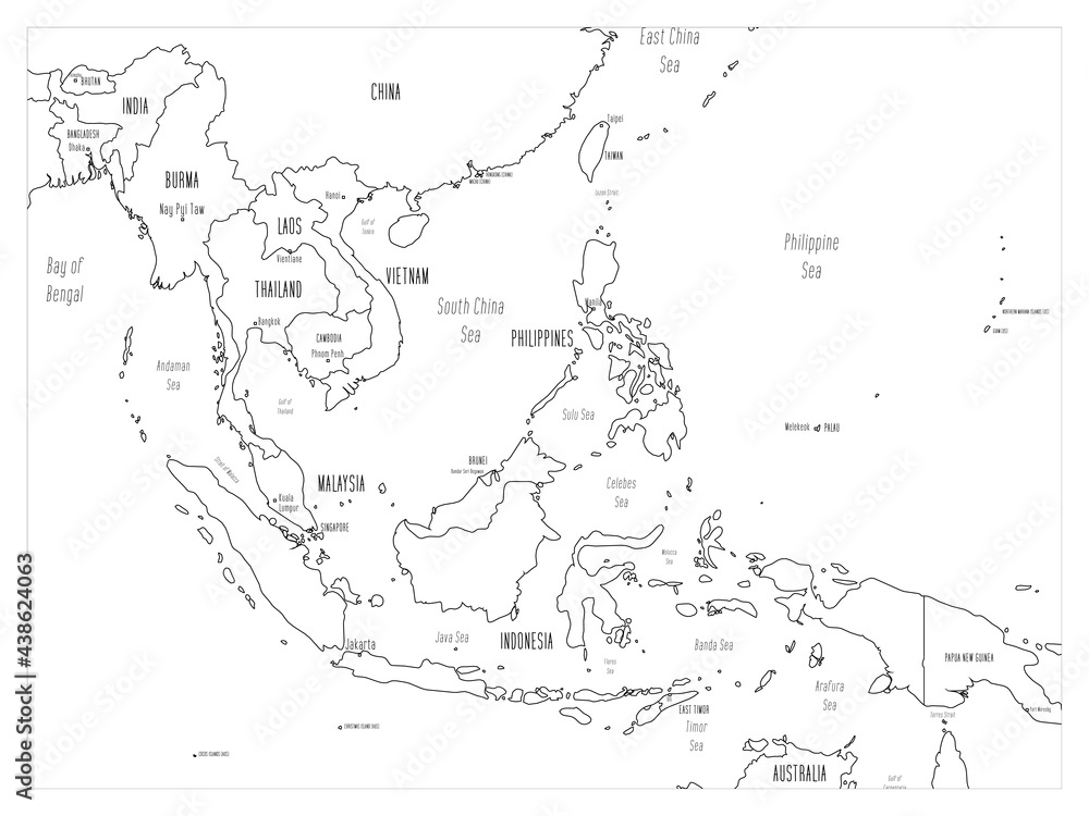 Political map of Southeast Asia. Black outline hand-drawn cartoon style ...