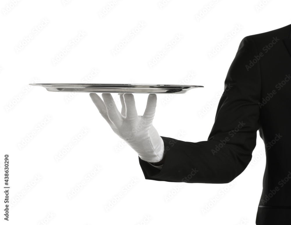 Elegant butler holding silver tray isolated on white, closeup Stock ...