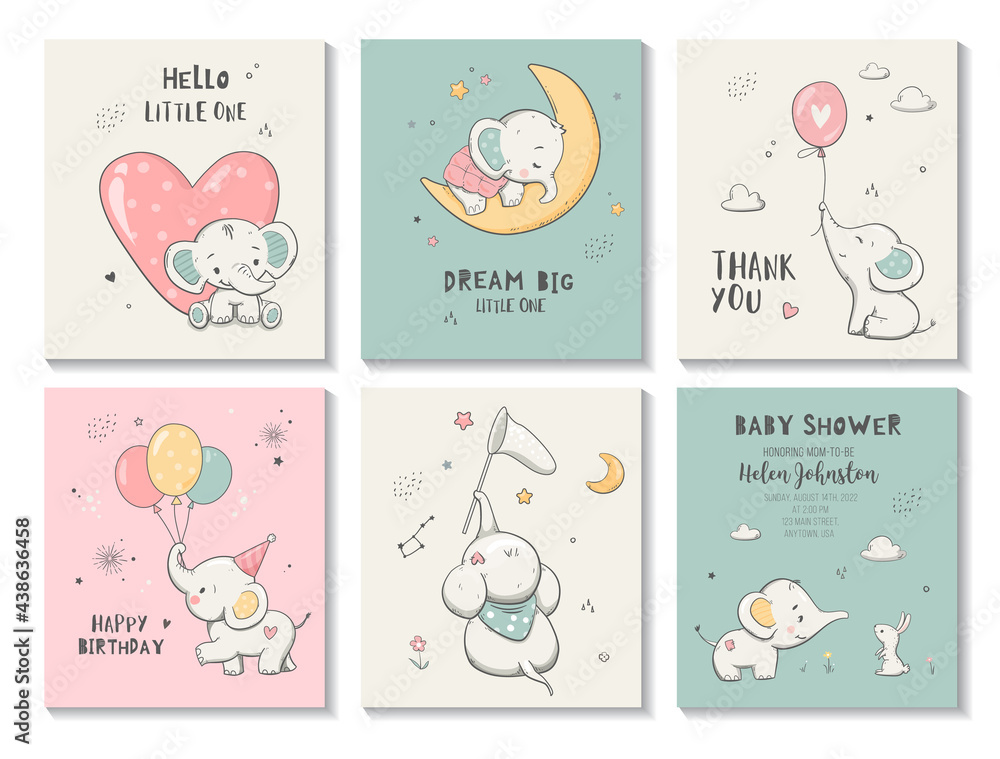 Cute little elephant, kids card print template, vector animal ...