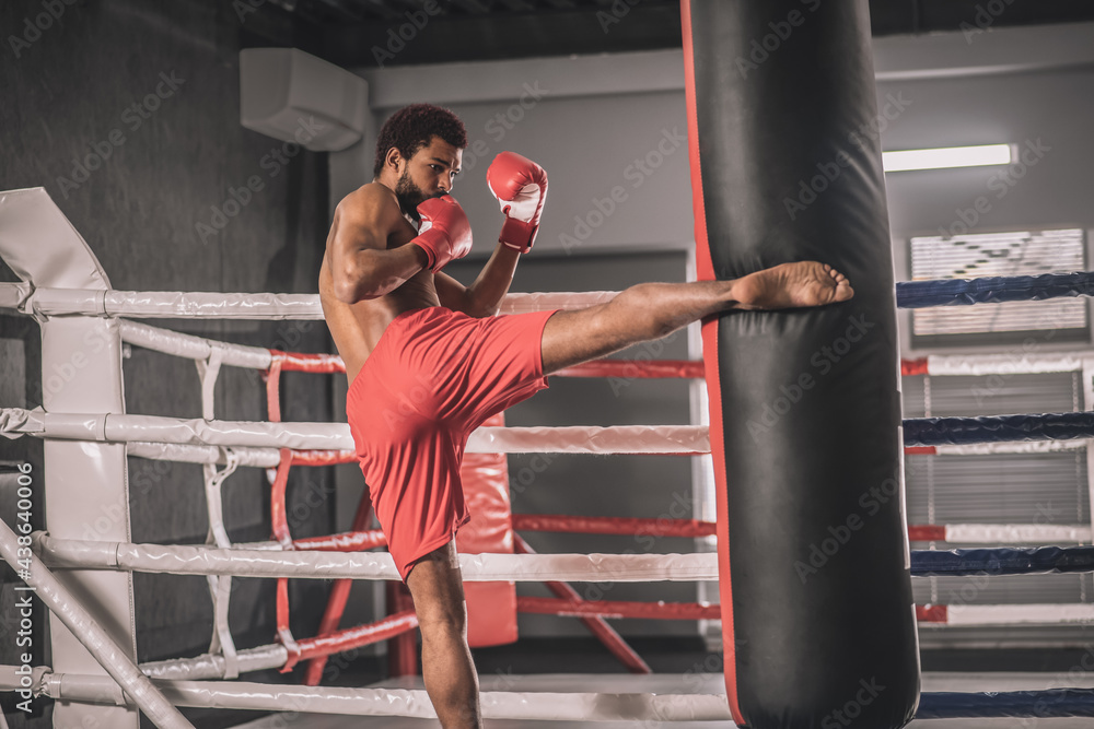 Young dark-skinned kickboxer kicking a sandbag with his leg Stock Photo ...