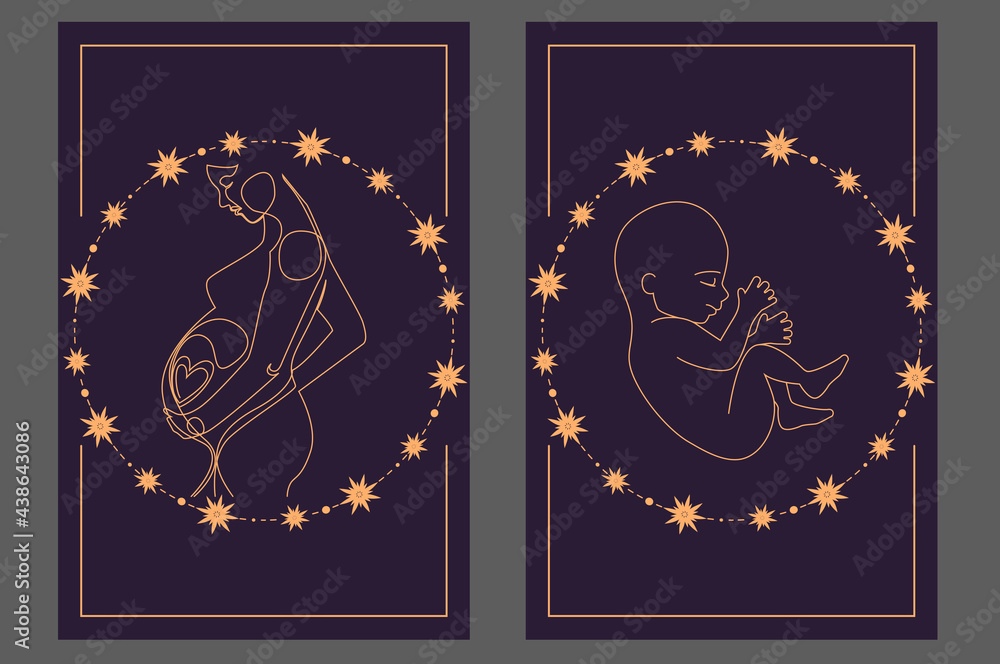 Magic banner, boho design. the birth of life surrounded by stars on a ...