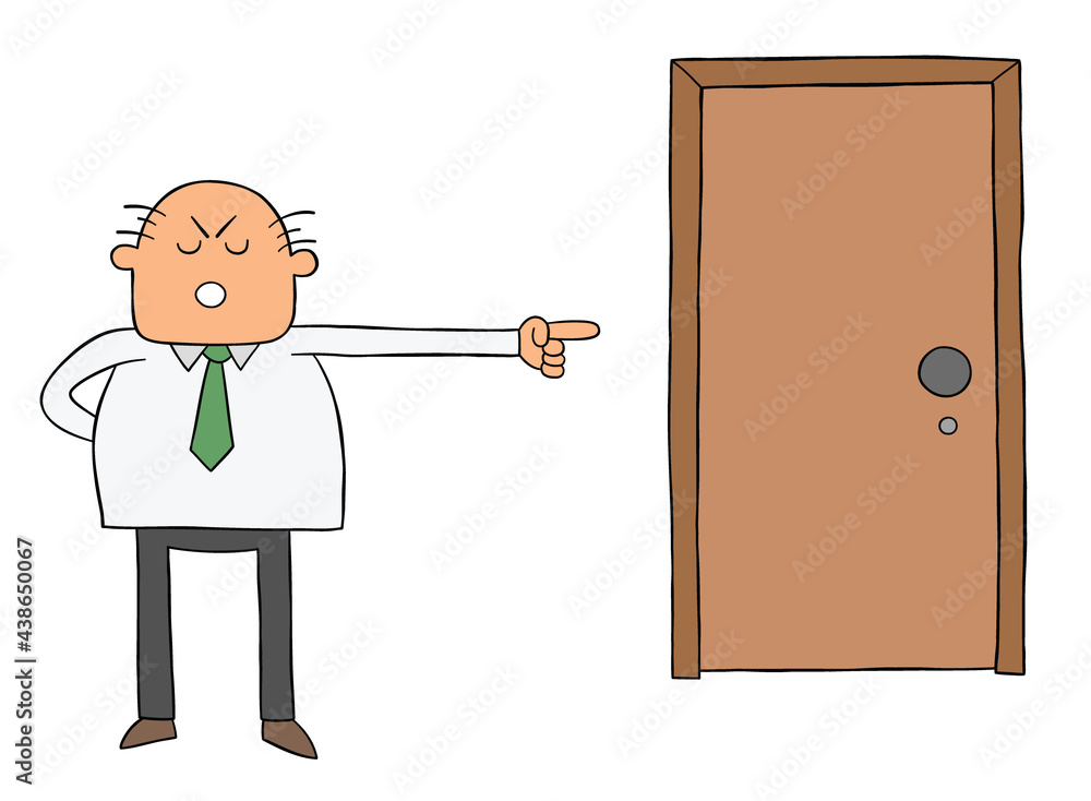 Cartoon angry boss man showing his worker the door, firing him, vector ...