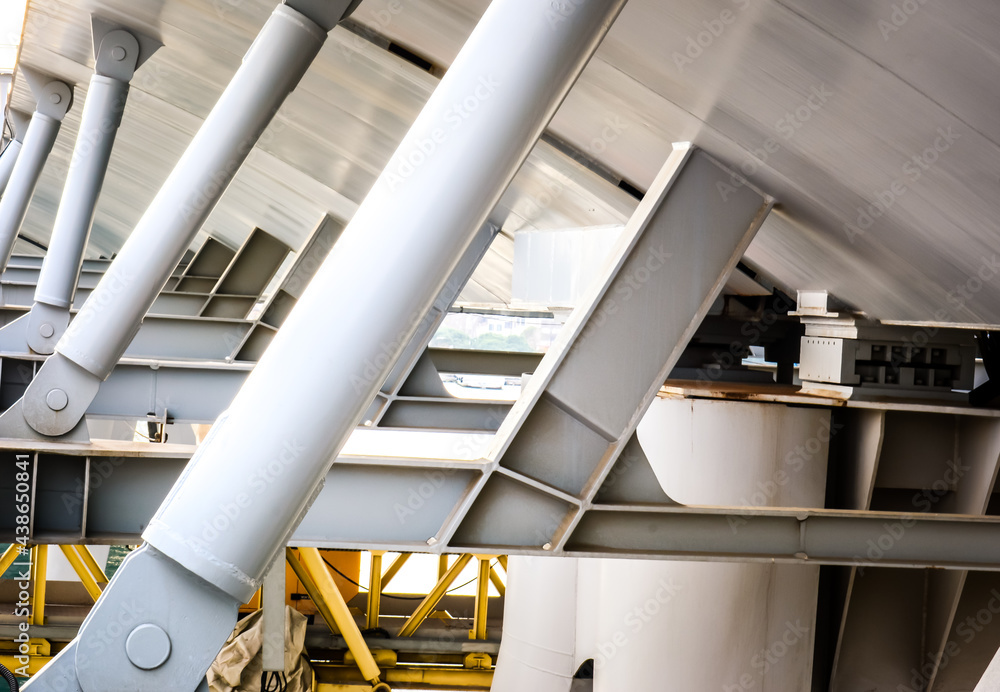 Iron pillars of the bridge. Huge giant iron pillars. Details of the ...