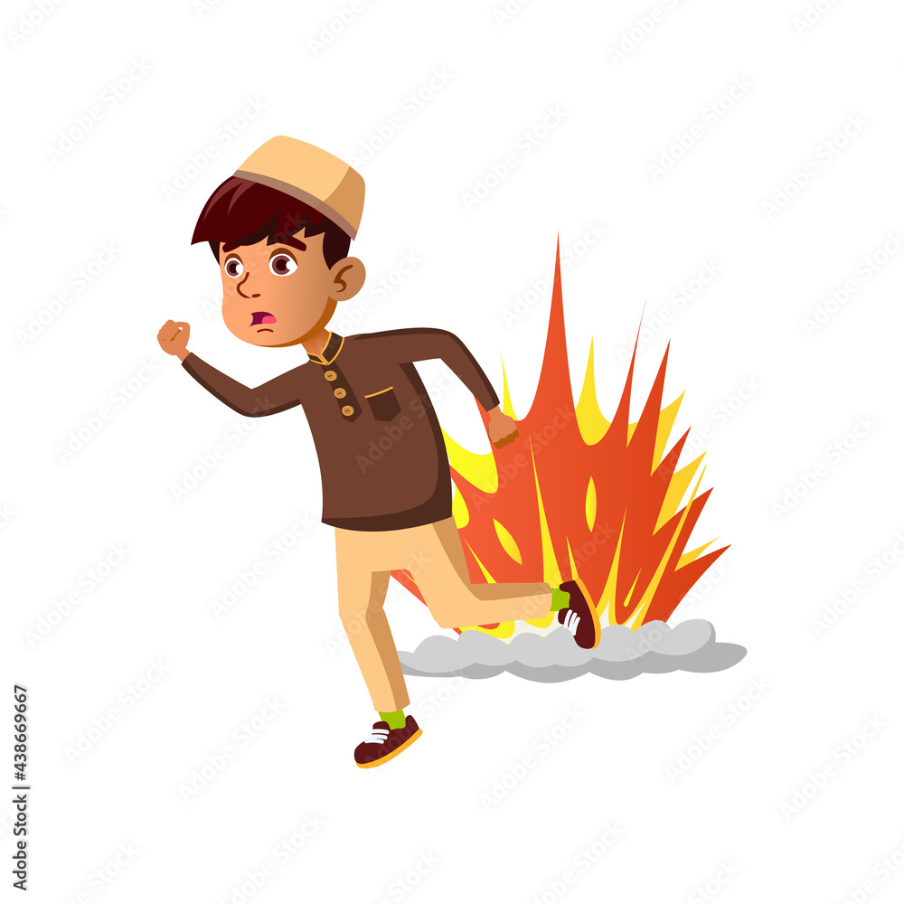 scary little boy run away from bomb explosion cartoon vector. scary ...