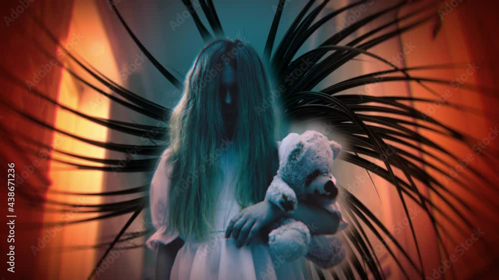 Creepy little girl standing with a bear toy, monster behind her back ...