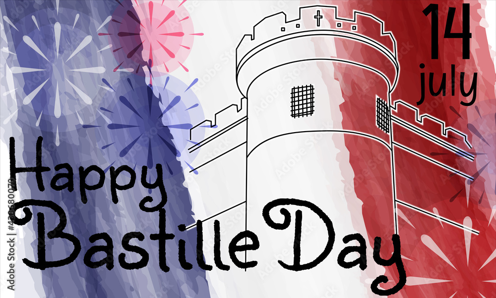 Bastille on watercolor tricolor background. Prise de la Bastille 14 ...