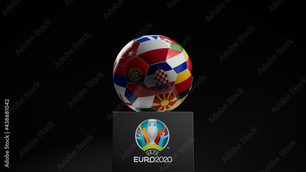 Euro Flag Football on a plinth against a Black Background. UEFA Euro ...