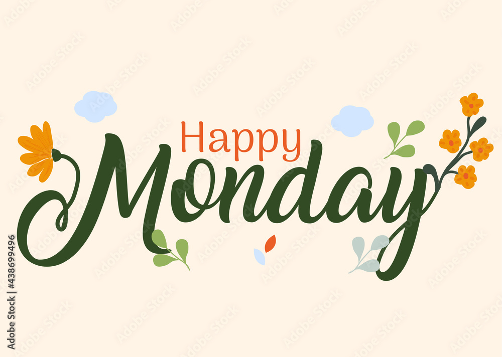 happy monday handwritten floral illustrations decorated design Stock ...