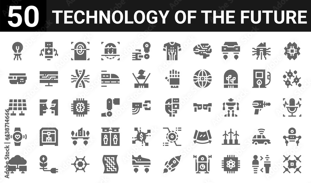 50 icon pack of technology of the future web icons. filled glyph icons ...