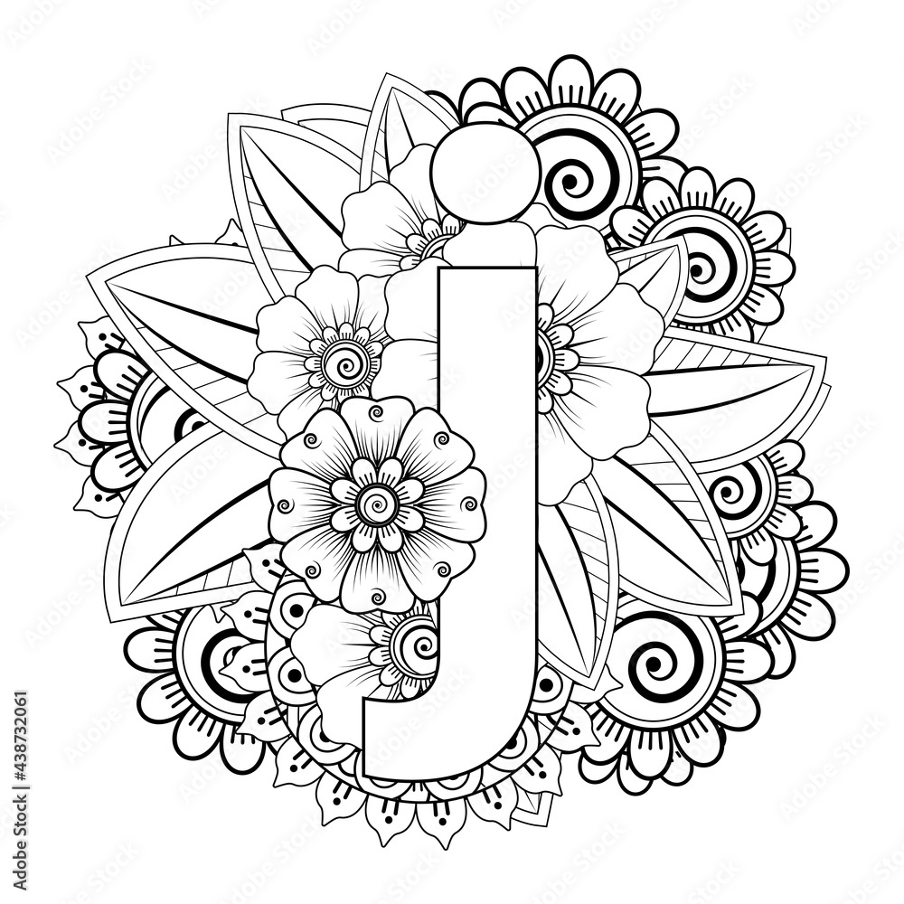 Letter j with Mehndi flower. decorative ornament in ethnic oriental ...