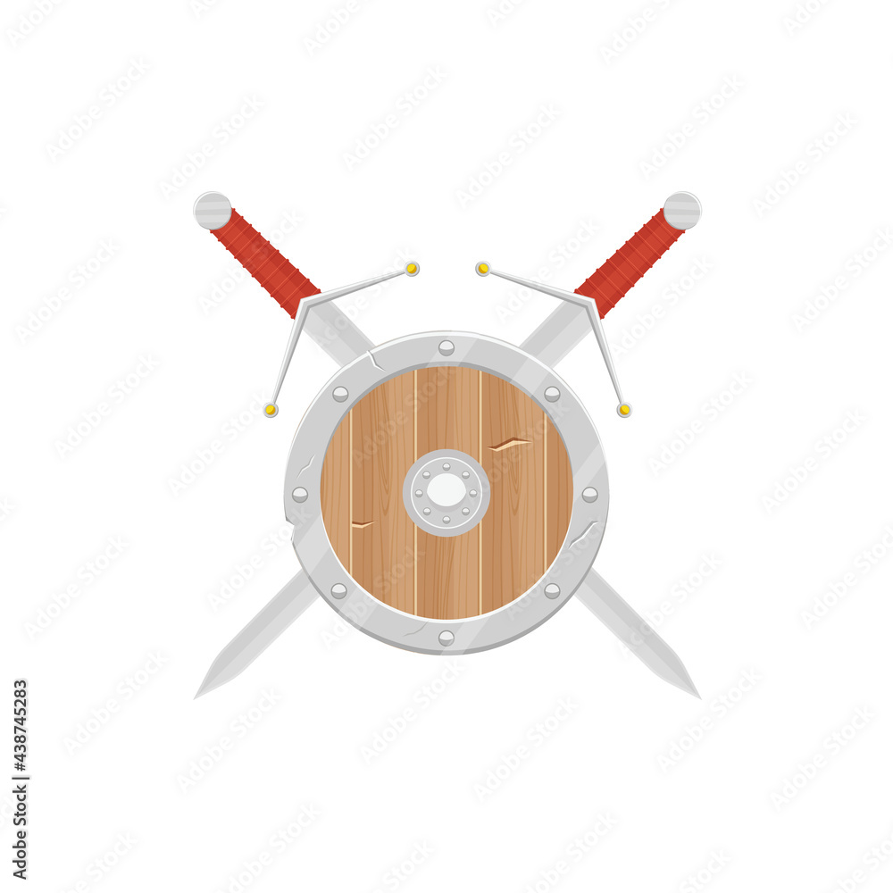 The concept of medieval weapons. A beautiful wooden round medieval ...