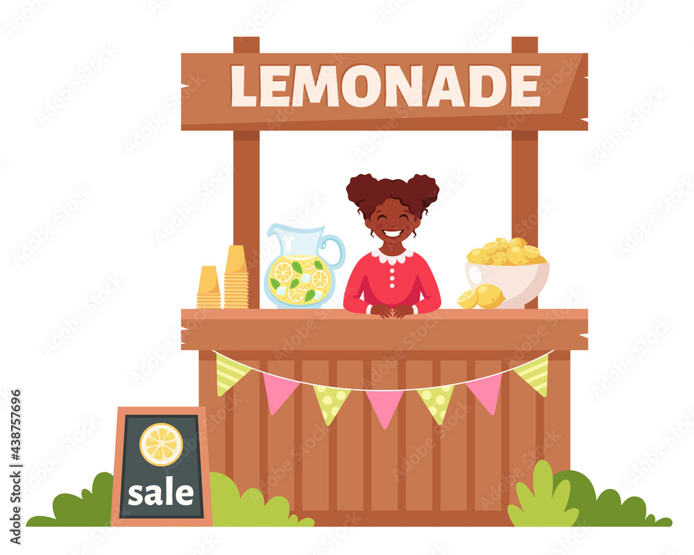 Black girl selling cold lemonade in lemonade stand. Summer cold drink ...