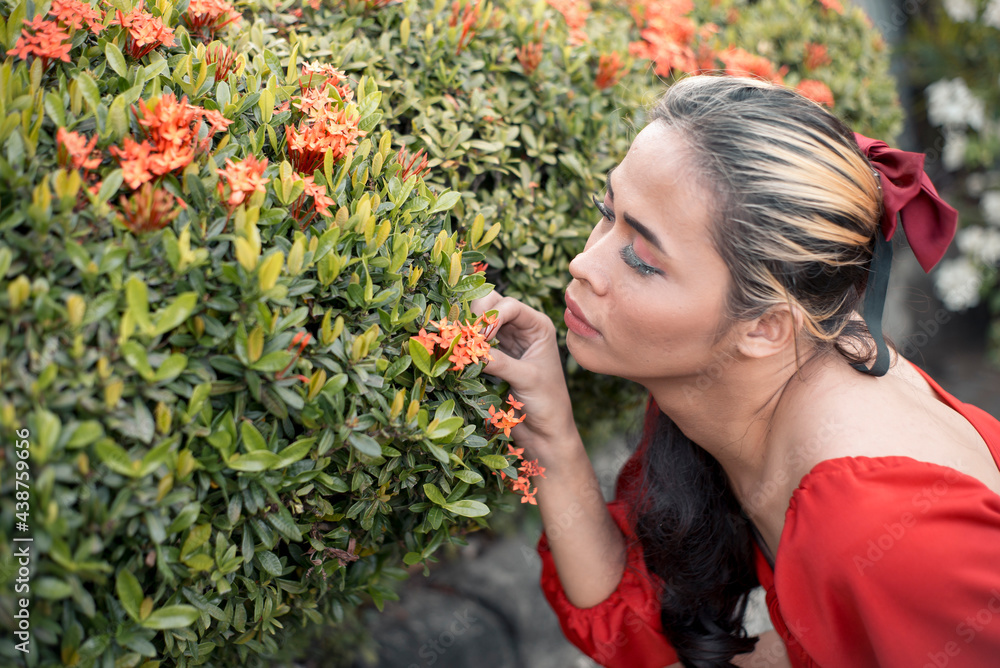 A curious transgender woman inspects some santan flowers. Of Southeast ...