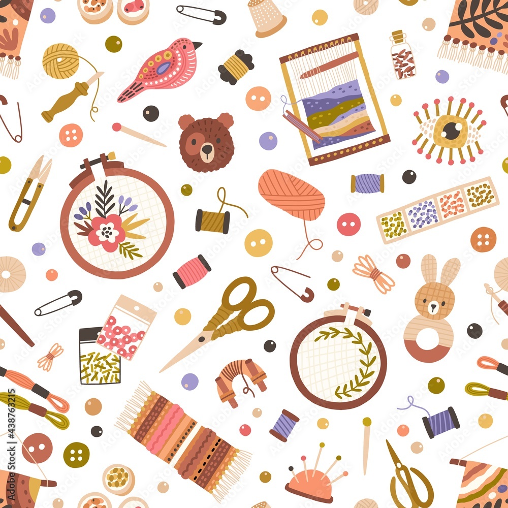 Seamless pattern with different sewing and embroidery tools on white ...