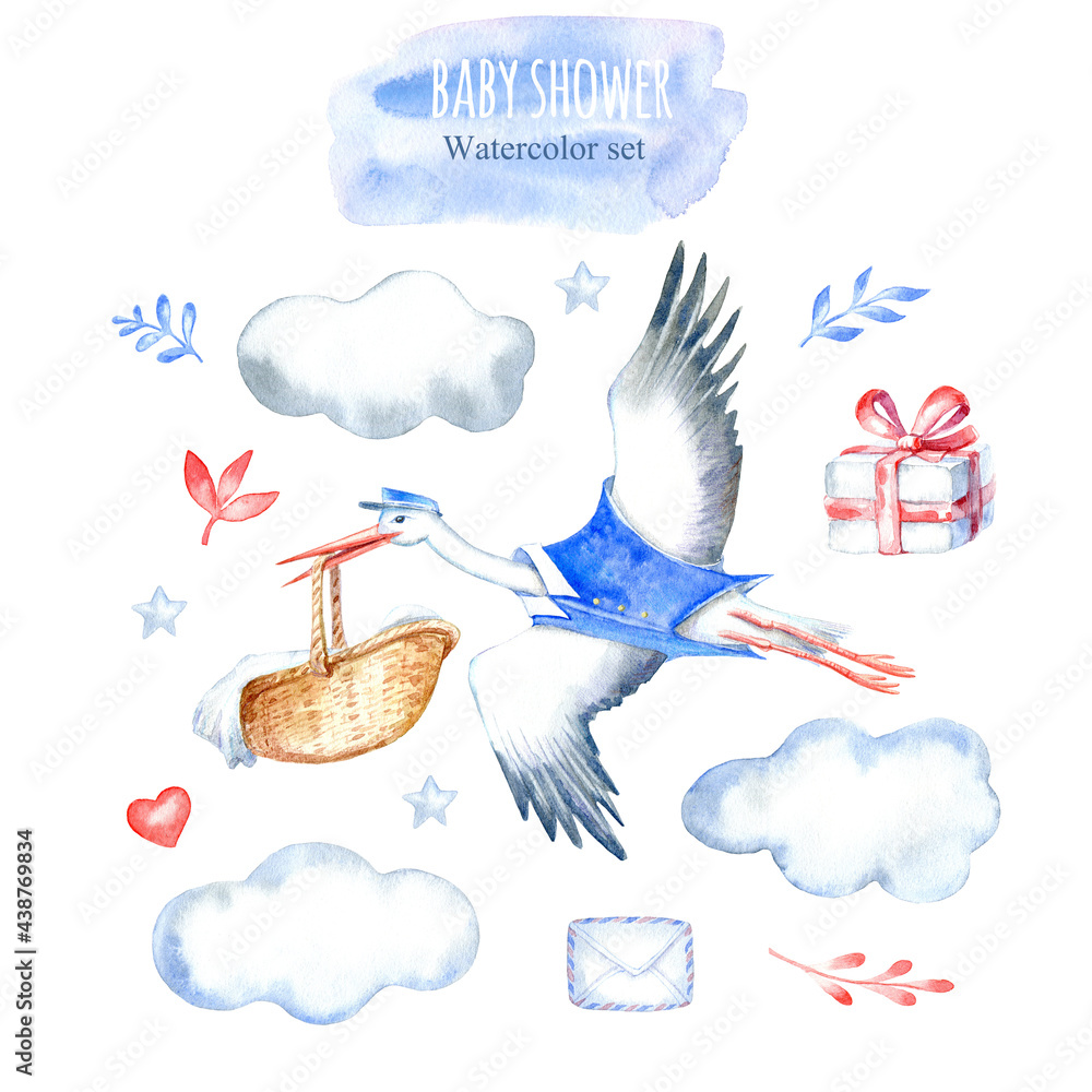 Stork postman with newborn baby,heart,clouds,star,gift,letter and ...