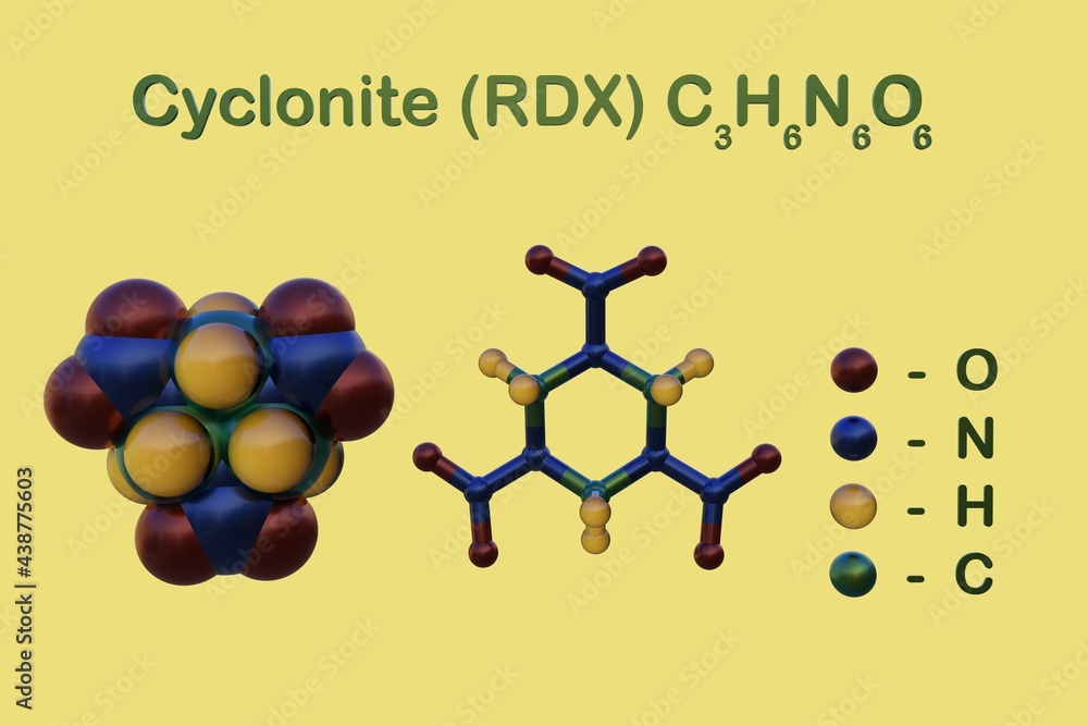 Structural chemical formula and molecular model of cyclonite (RDX ...