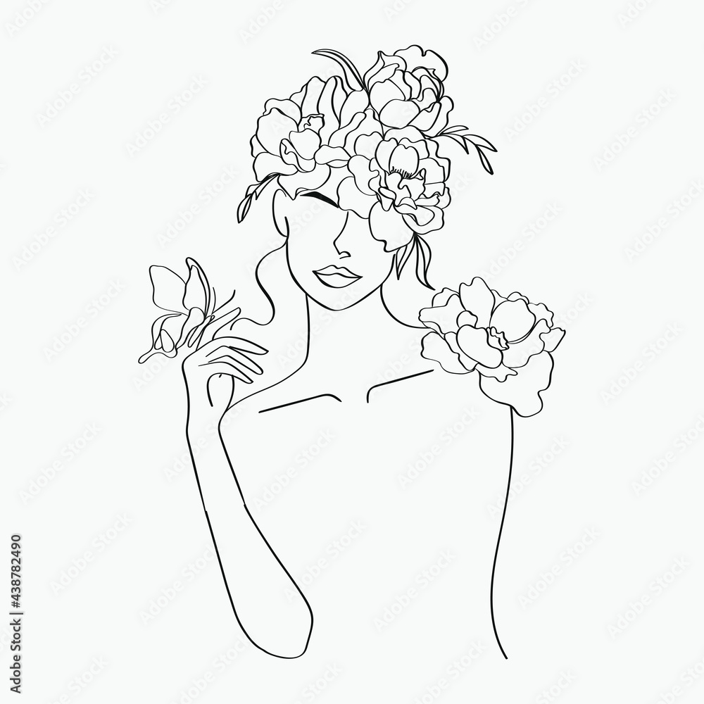 Vettoriale Stock Women and flowers line art. Girl with flowers and ...