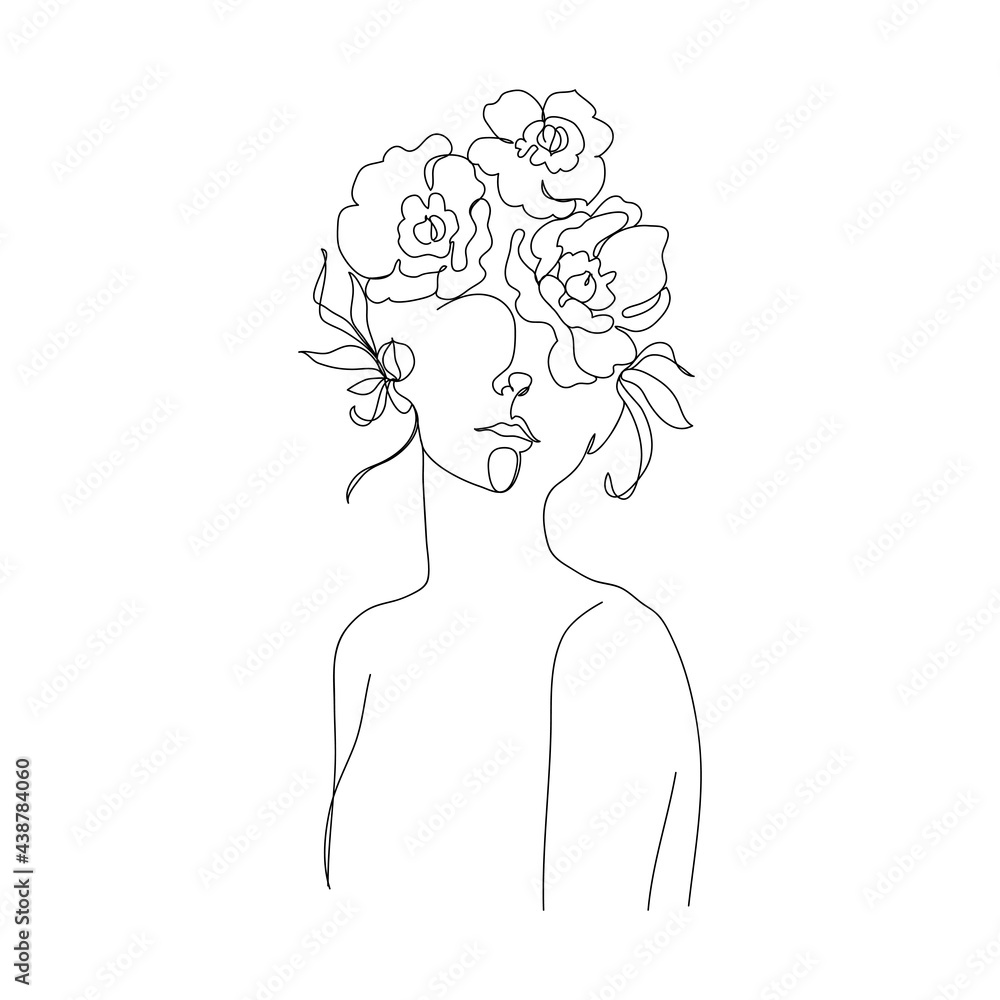 Women and flowers line art. Girl with flowers and leaves one line ...