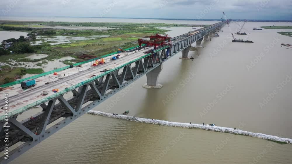 Aerial view of a building site while assembling the Padma bridge, the ...