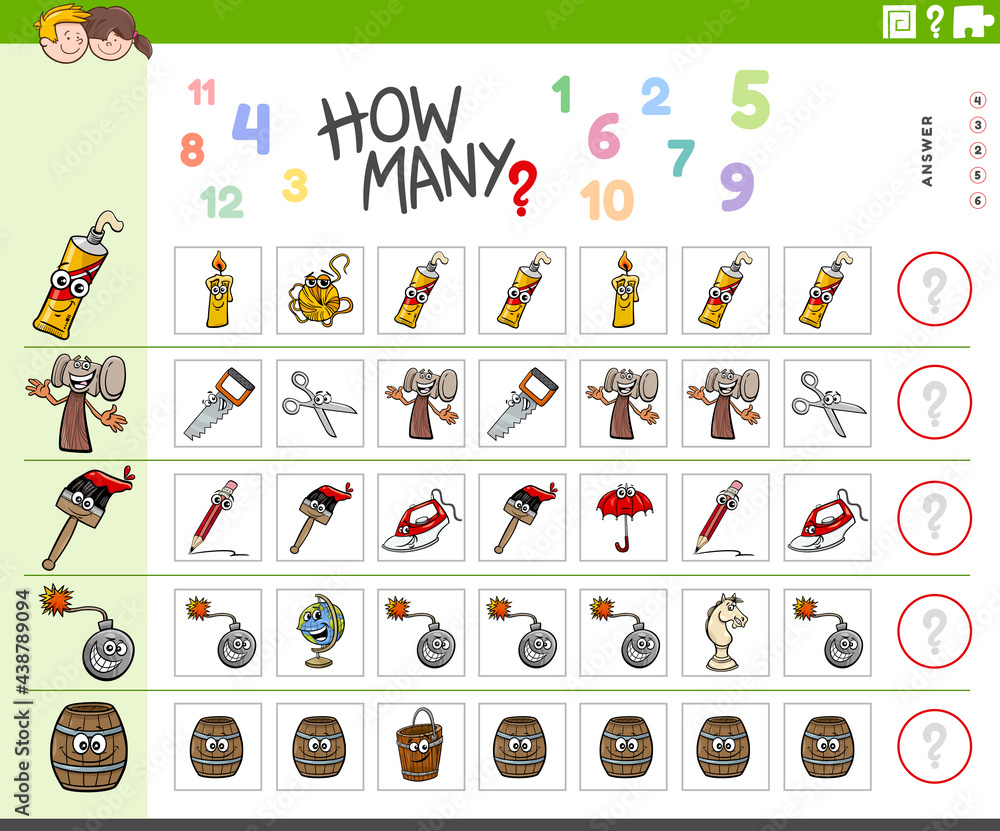 counting task for children with cartoon objects Stock Vector | Adobe Stock