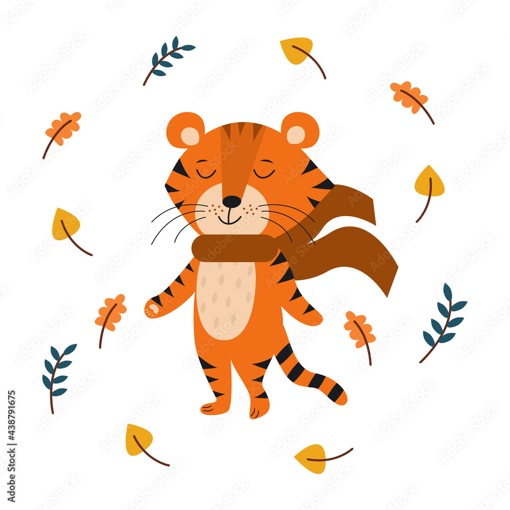Cute autumn tiger in a scarf. Leaves are circling around. Year of the ...