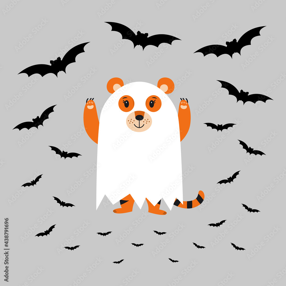 Tiger in a ghost costume. There are bats around. Halloween concept ...
