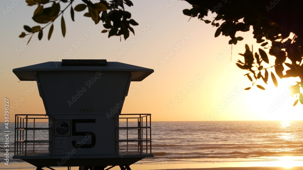 Lifeguard watch tower, sunny sunset beach, Oceanside USA. Rescue ...