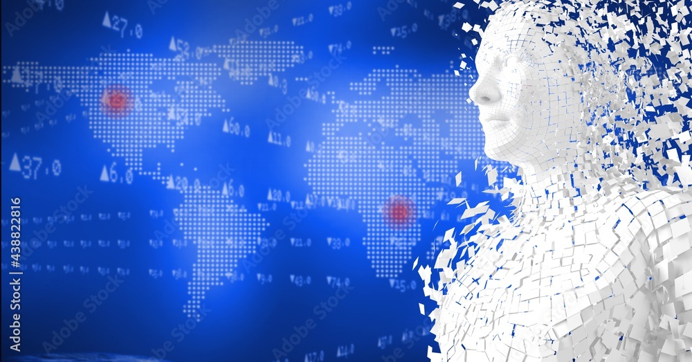 Composition of exploding human bust formed with particles over world ...