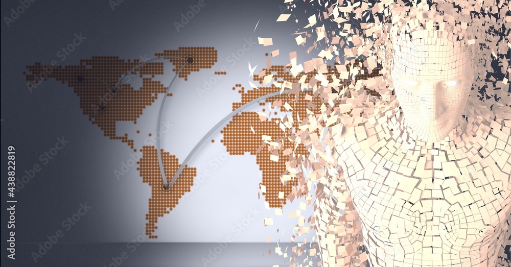Composition of exploding human bust formed with particles over world ...