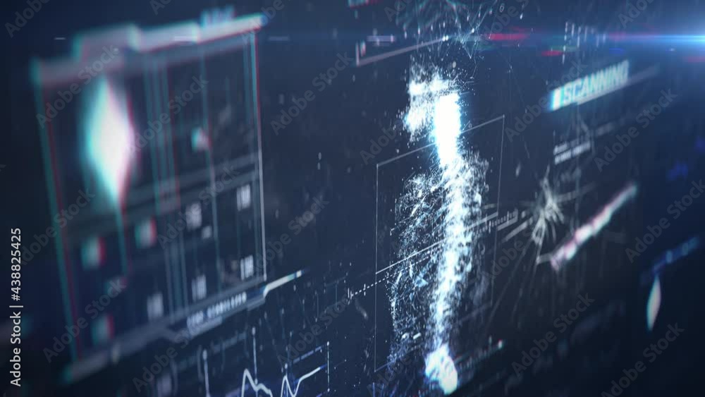 Broken screen showing human body scan results, deserted hospital ...