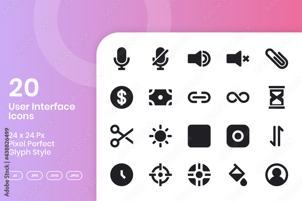 Set of 20 User Inteface icons - Glyph. Perfect for website mobile app ...