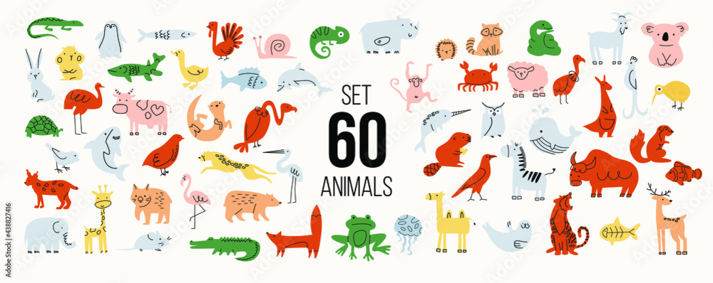 Set of 60 animals: mammals, birds, fish. Simple minimalistic graphics ...