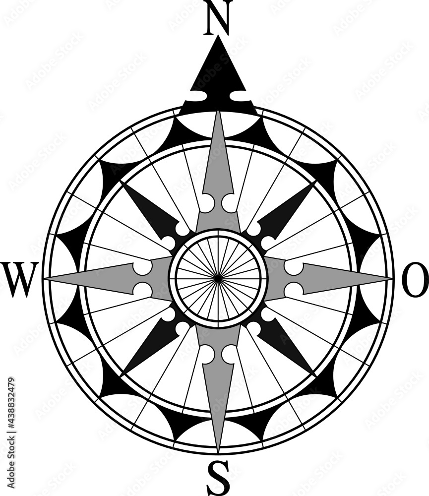 Vintage nautical wind rose and rhumb of North, East, South and West ...