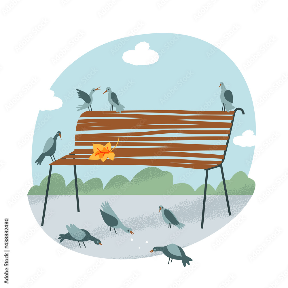 Bench with birds in park on cloudy autumn day. Leaf lying, sky with ...