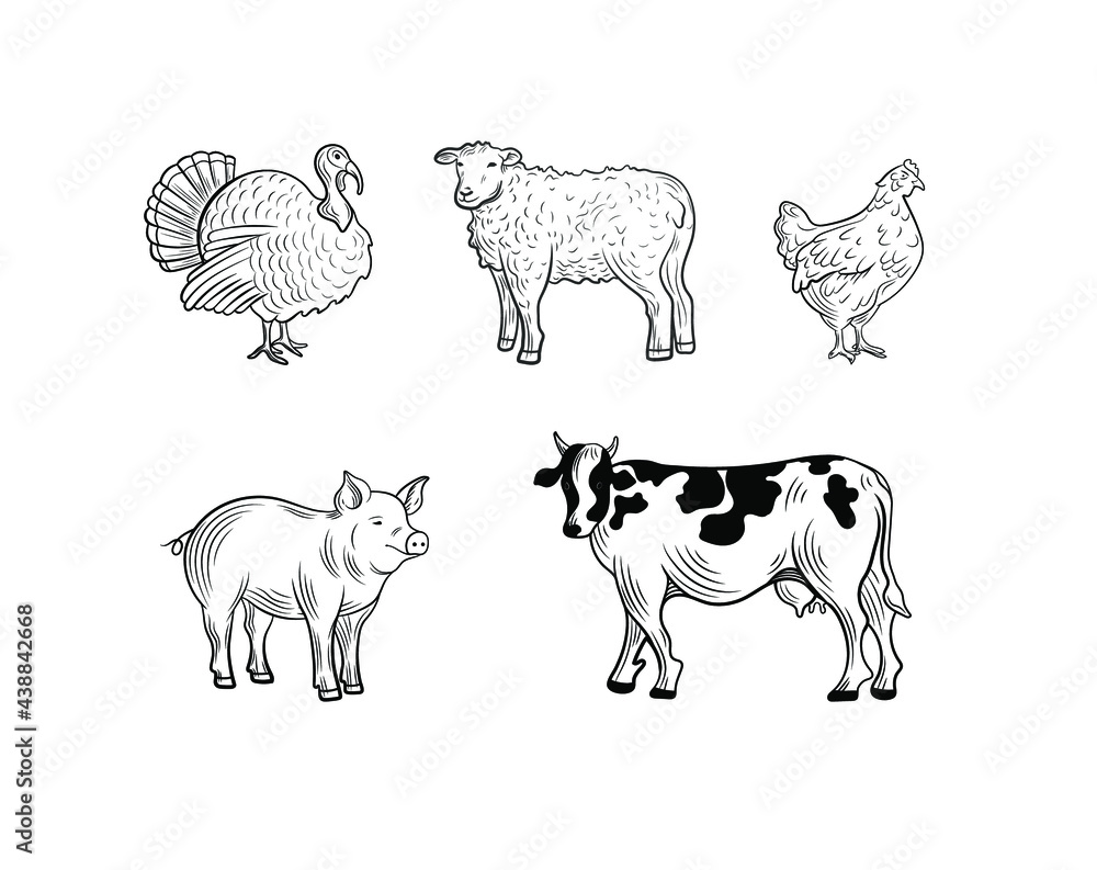 Vector farm animals set, engraving style illustrations isolated on ...