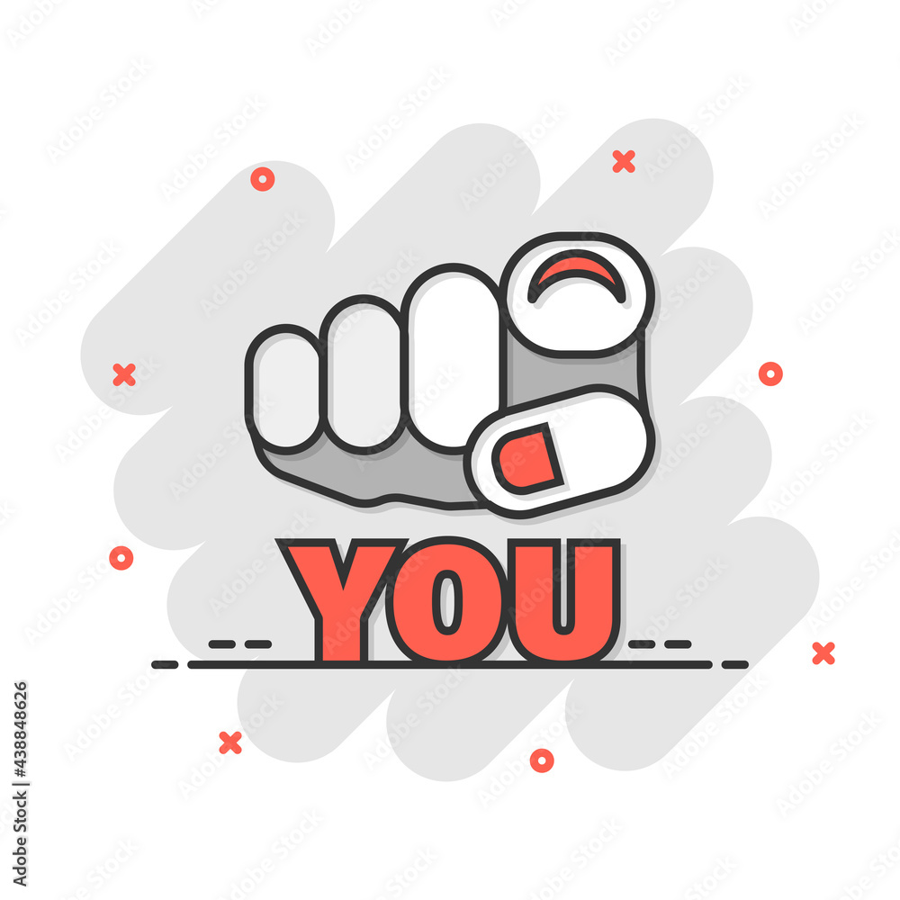 Finger point icon in comic style. Hand gesture cartoon vector ...