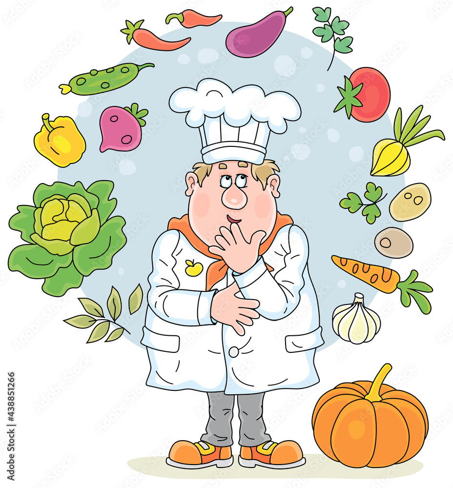 Funny chubby cook in a white chef hat thinking about an original tasty ...