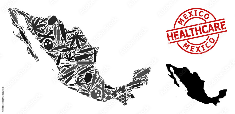 Vector drugs collage map of Mexico. Scratched health care round red ...