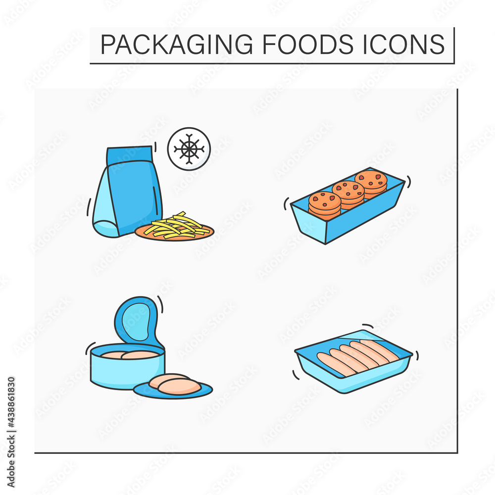 Packing foods color icons set. Cookies, sausages,canned tuna, frozen ...