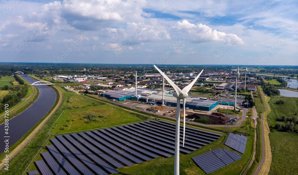 Panorama of wind turbines, water treatment and bio energy facility and ...