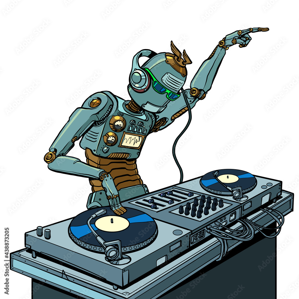 robot dj on vinyl turntables. concert music performance Stock Vector ...