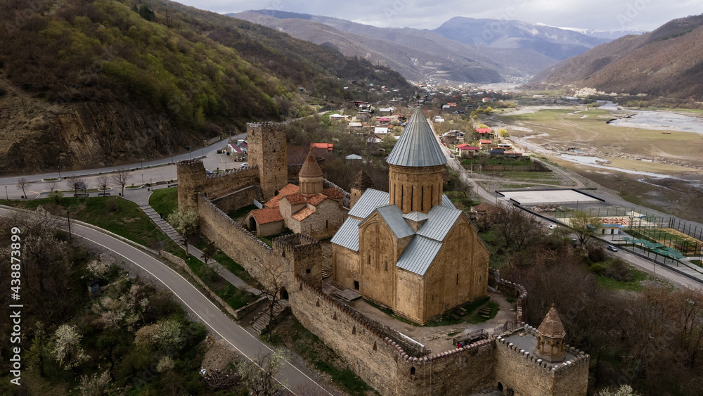 aerial view of Medieval Churches in Ananuri Fortress Against the Emeral ...
