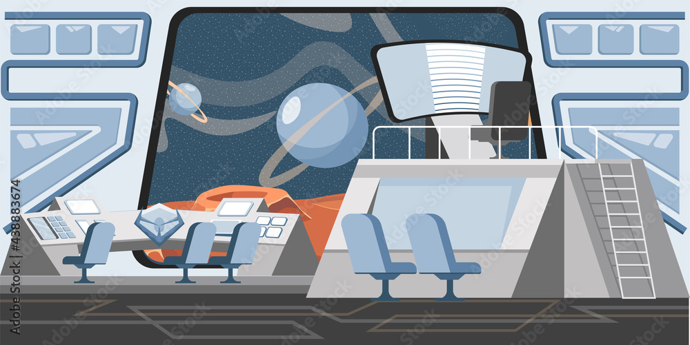 Launch control center vector flat illustration. Space exploring and ...