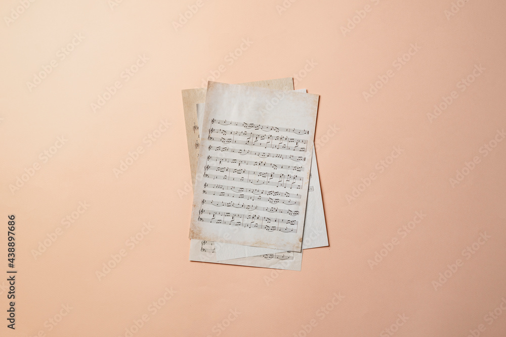close up ancient old paper sheet with music notes, classic culture arts ...