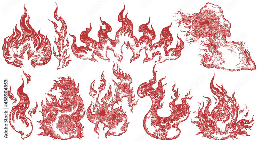 Fire. Design set. Editable hand drawn illustration. Vector vintage ...
