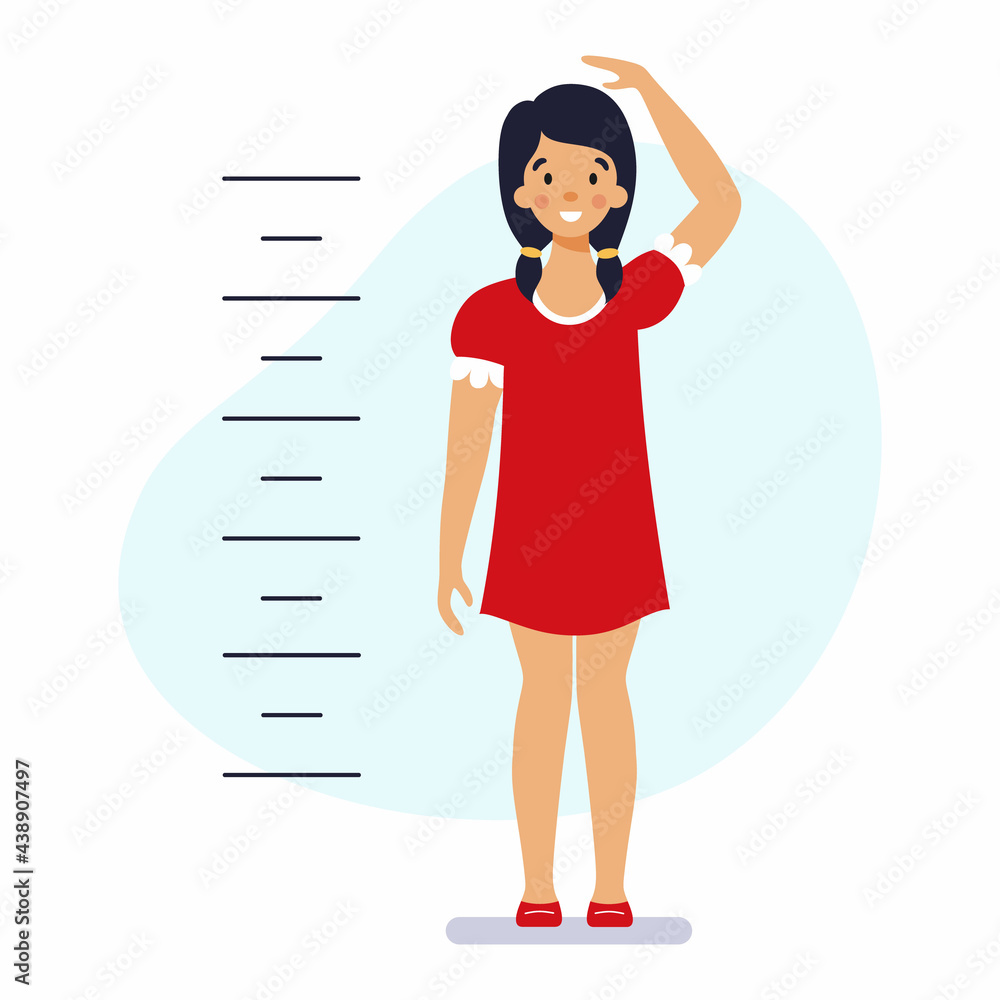 Girl in red dress measures her height with ruler. Vector character in ...