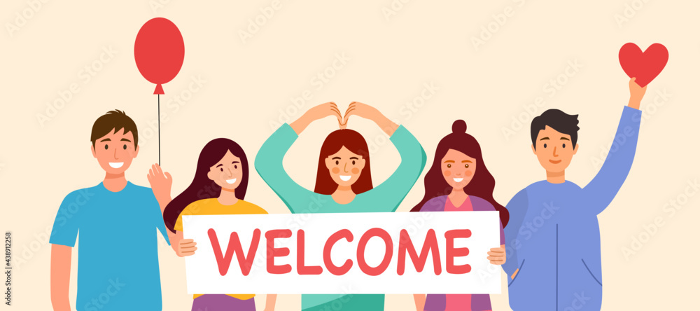 Group of people holding welcome sign with cheerful greetings in flat ...