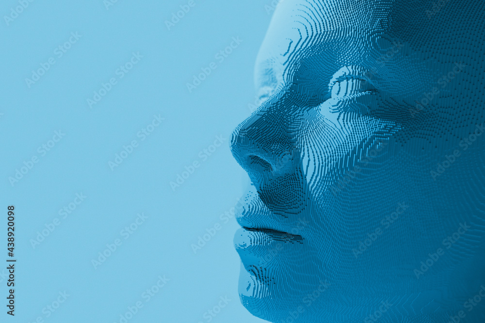 Pixelated human 3D face. Artificial intelligence concept. 3D rendering ...