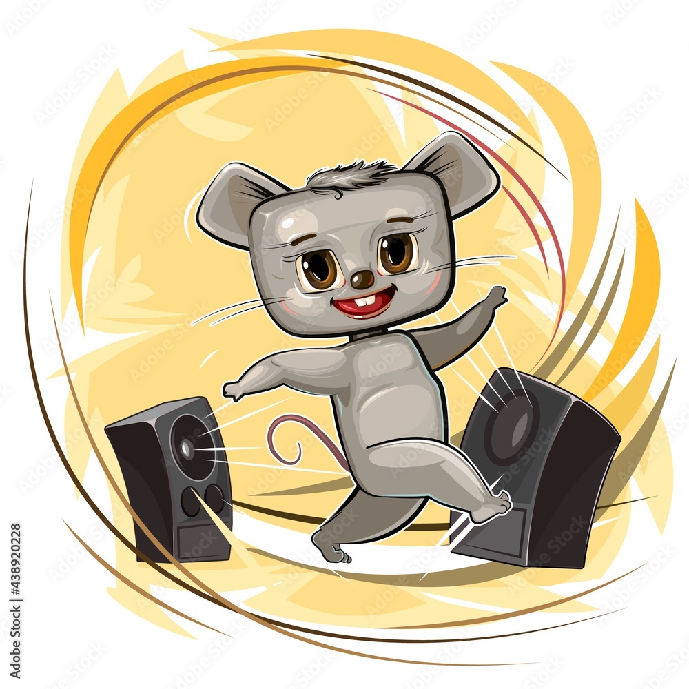 Happy cute mouse dancing. Loud music from speakers. Dance. Funny kid ...